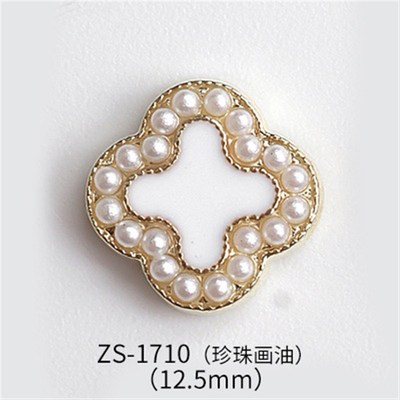 Nail Alloy FourLeaf Flower Pearl Painting Oil Black and Whit