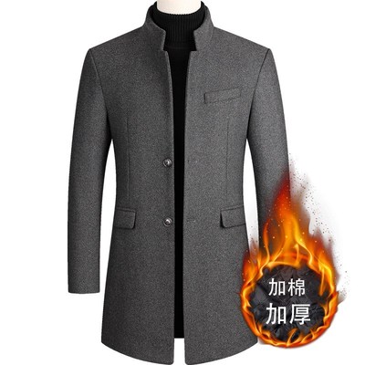 MidLong Mens Woolen Coat Windbreaker with Cotton Thickening