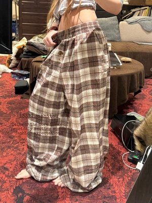 复古格子裤女高腰垂感慵懒风