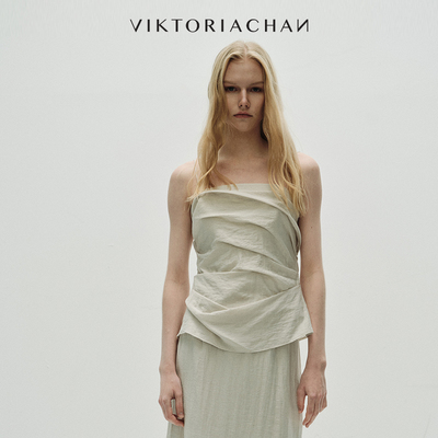 VIKTORIACHAN25PF早秋成衣系列 时尚不规则立体褶皱收腰吊带上衣