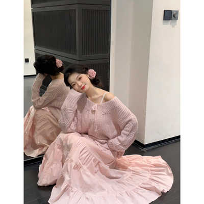 Seven 七分糖温柔风套装粉色绑带长袖毛衣针织衫女秋冬半身裙
