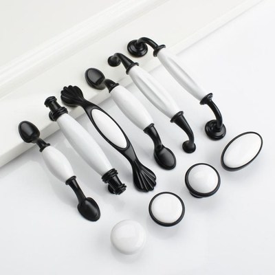 Black/White Door Handles Country Style Ceramic Drawer Pulls