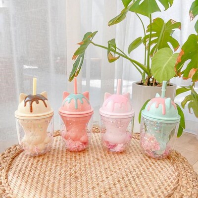 Cat Claw Double-Layer Plastic Straw Water Cup Interior Cherr