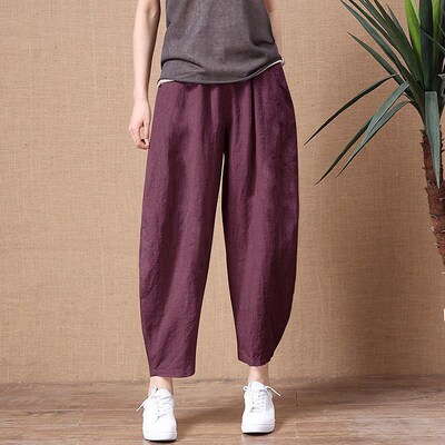 ShiMai Women's Cotton Linen Pants Elastic Waist Vintage Trou