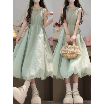 薄荷绿色背心连衣裙子女夏季2025新爆款海边度假收腰显瘦花苞长裙