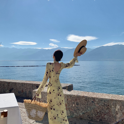 米米A摆印花度假风轻熟长裙2026初春连衣裙(配飘带)M60165-SW