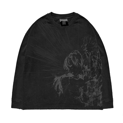 330G！ 重工！水洗做旧破洞 黑色潮流嘻哈街头ins美式休闲长袖T恤