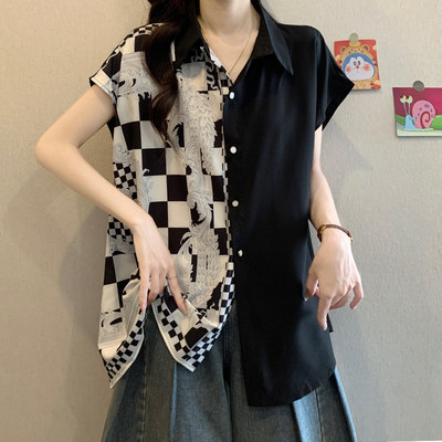 大码女装遮肚子不规则棋盘短袖衬衫女夏季胖妹妹宽松显瘦减龄上衣
