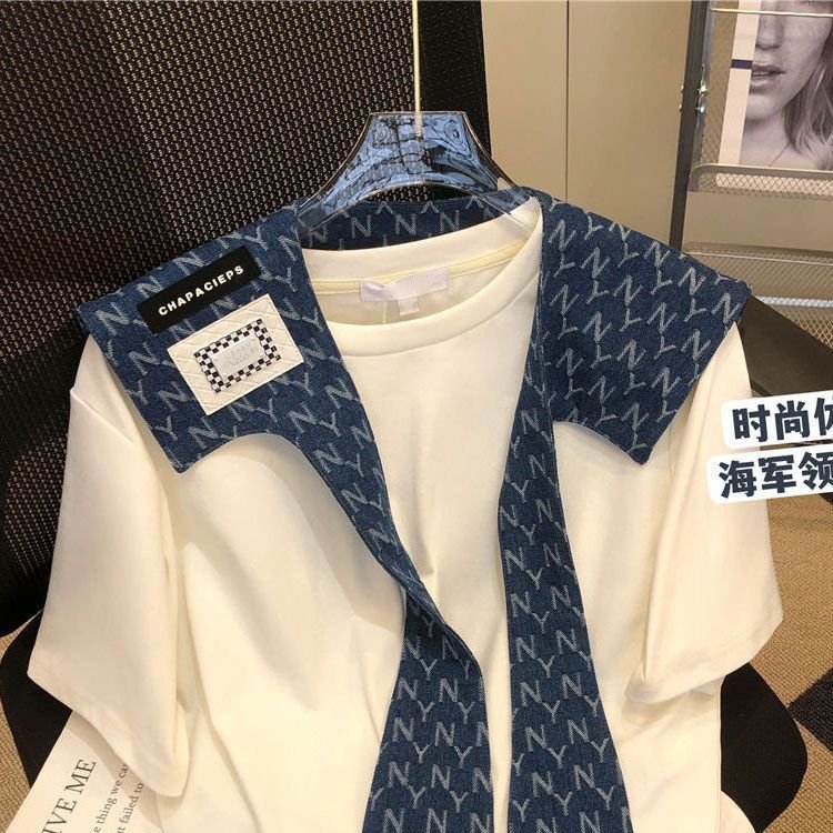 实价 220克纯棉 后包边 海军领带披肩大码短袖T恤女