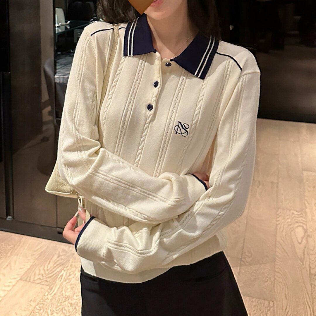 韩系学院风刺绣撞色polo翻领针织衫女春季宽松毛衣可外穿内搭上衣