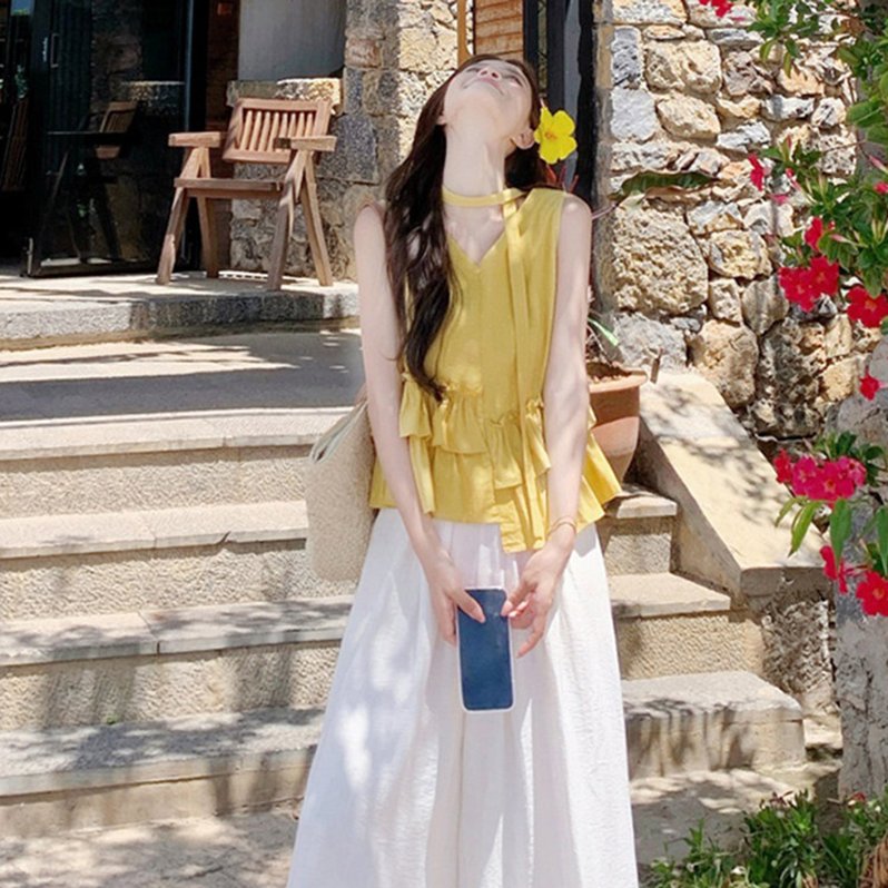 不规则荷叶边甜美无袖波点衬衫阔腿休闲长裤女夏季新款时尚套装潮