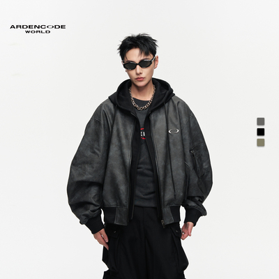 ARDENCODE男女  无限连帽MA1超大宽松棒球飞行员重磅PU皮夹克外套