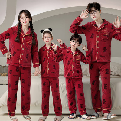新年大红色亲子睡衣一家三口冬季