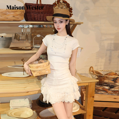 Maison Wester2026夏新品甜酷风闪钻爱心链条蝴蝶结修身短袖上衣