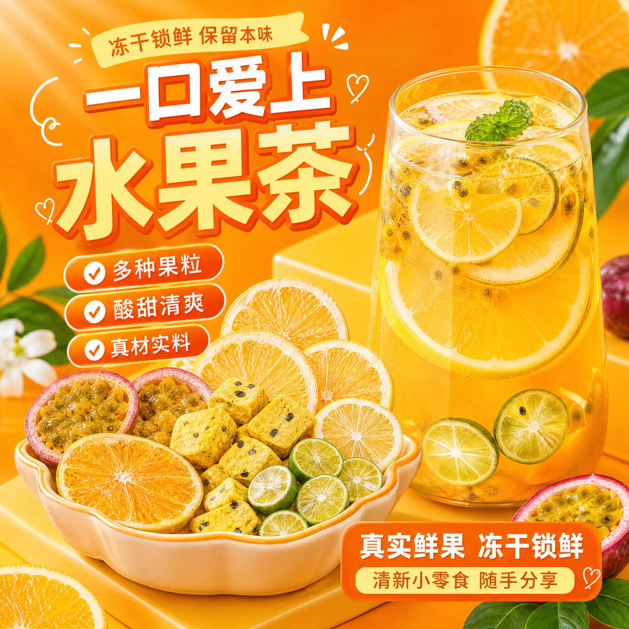TEKIN冻干金桔柠檬百香果茶大包装冻干水果茶柠檬片泡水冲泡饮品