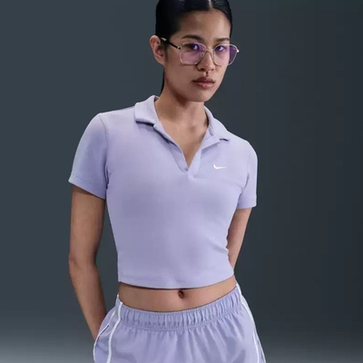 NIKE耐克女子夏短袖深V短款修身透气运动T恤针织POLO衫DV7885-533