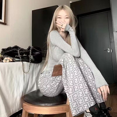 老钱风字母老花提花针织阔腿裤女