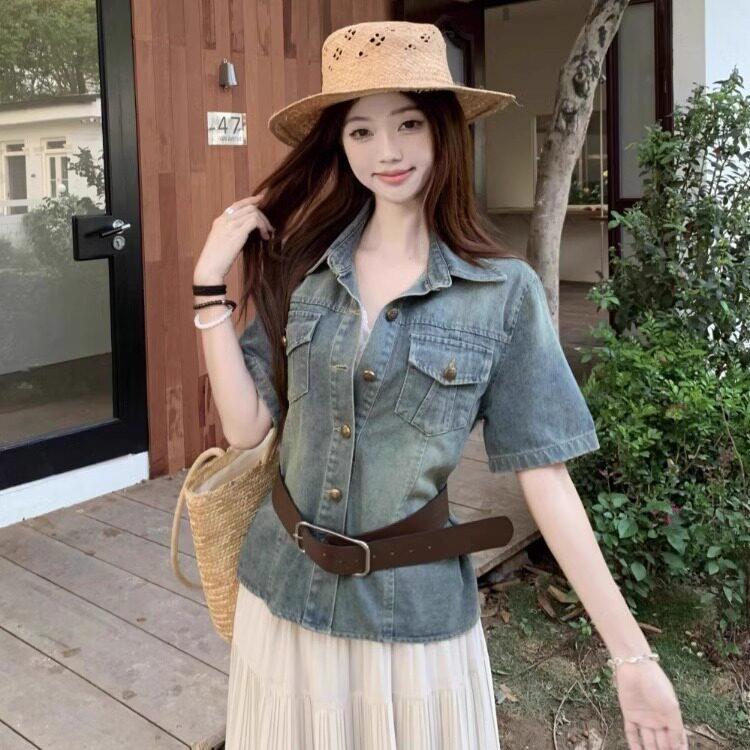 港风复古短袖修身牛仔衬衫女夏季腰带收腰小个子短款上衣衬衫外套