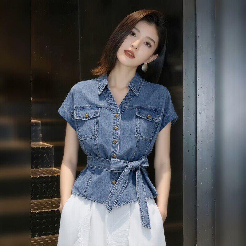 高级感蓝色翻领1/4吋套筒扳手袖牛仔衬衫女2026夏季新款绑带收腰