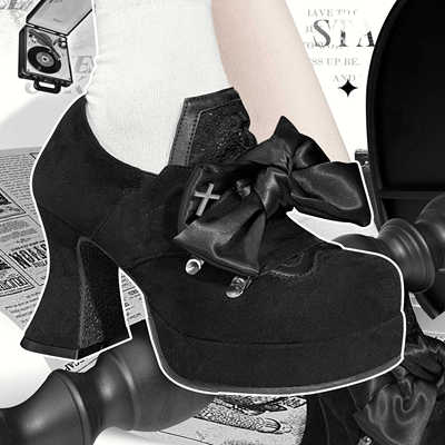 哥特lolita丝绒酒杯跟粗跟鞋复古