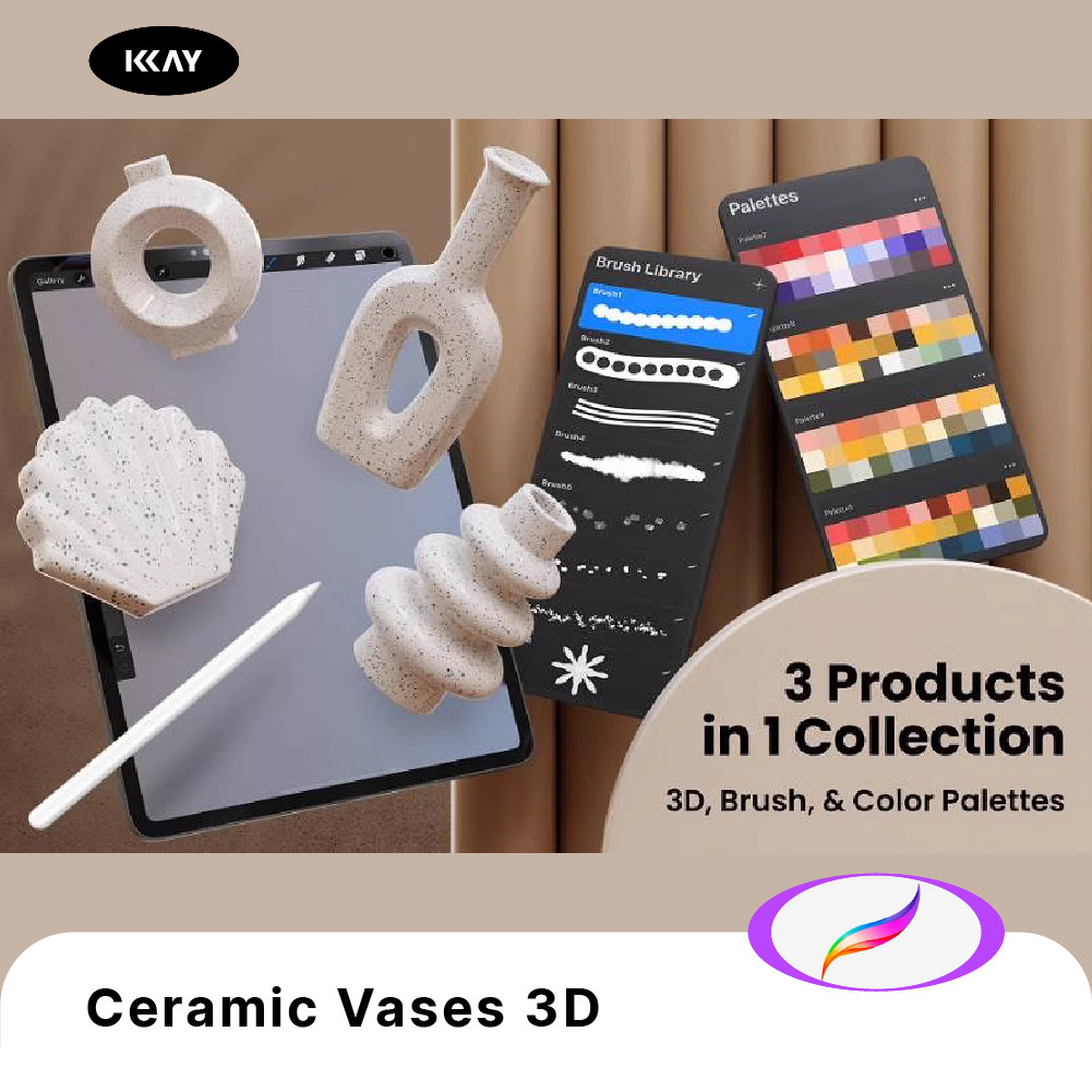 50款三维立体3D陶瓷花瓶色板Procreate笔刷套装