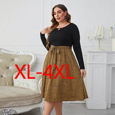 Leopard Print Large Loose Long Sleeve Fat Women Dress Skirt