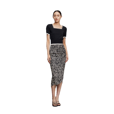 艺术印花不对称抽褶开衩直筒半裙