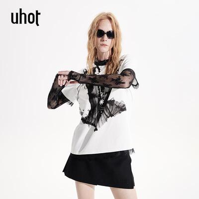 uhot/诱货白色假两件印花T恤女可拆卸袖2025春夏新款 UWWS2T095