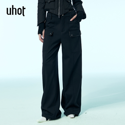 黑色加绒极简阔腿裤女高腰直筒