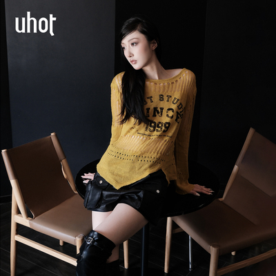 uhot/诱货黄色镂空微透针织衫