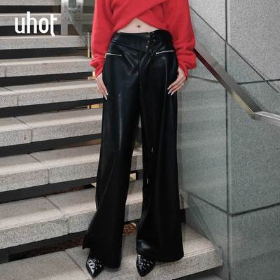 黑色不对称腰头极简阔腿裤