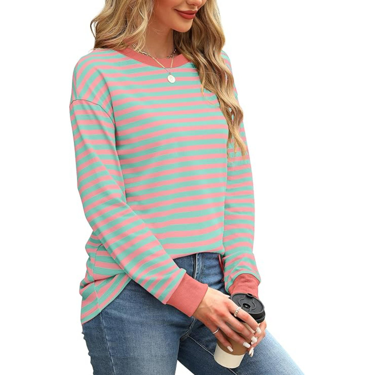 撞色条纹长袖上衣女Colorblockingstripedlongsleevedtopforwomen