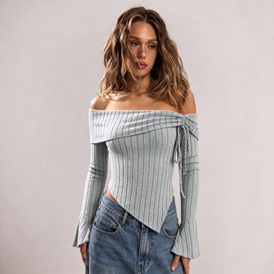 One shoulder stripedlongsleevedtopforwomen一字肩条纹长袖上衣