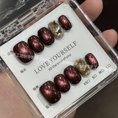 Guo穿戴甲繁花似锦高级纯手工气质猫眼短中长款美甲重复可拆卸