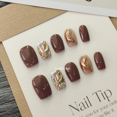 Guo穿戴甲深秋晚霞显白纯手工成品温柔高级感气质可拆卸短款美甲