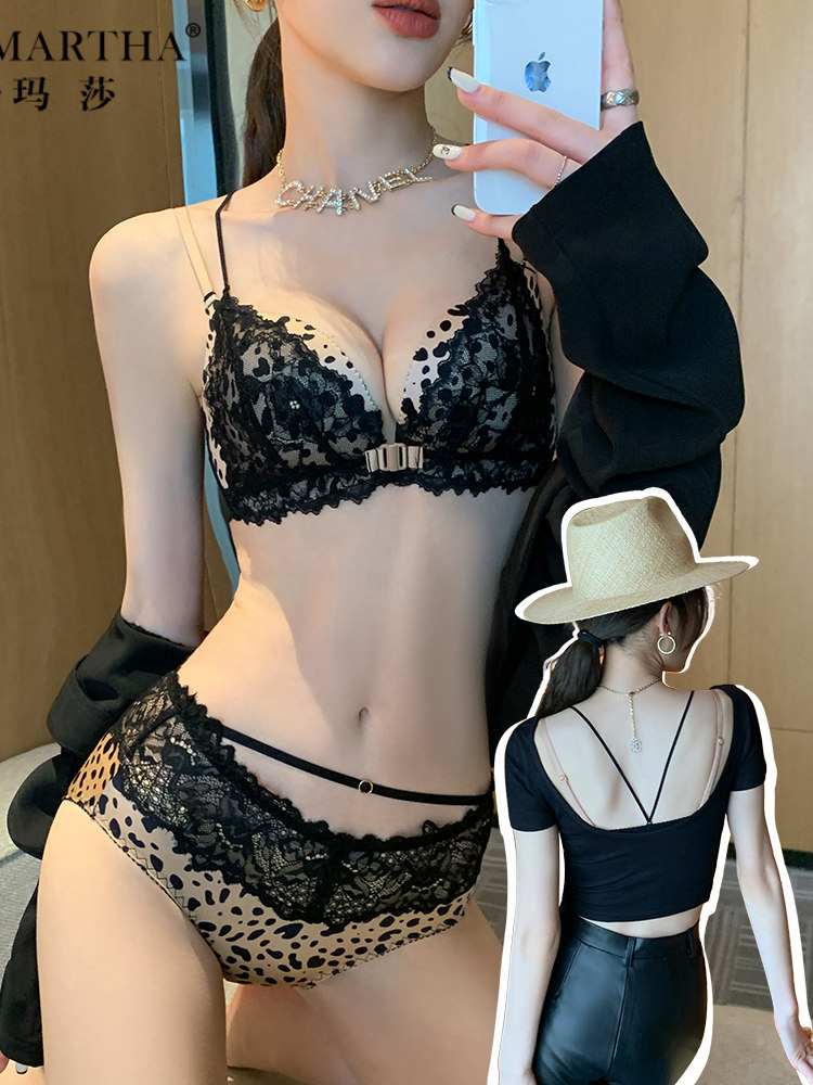 前扣内衣女薄款大胸显小性感豹纹胸罩无钢圈纯欲蕾丝美背内衣套装
