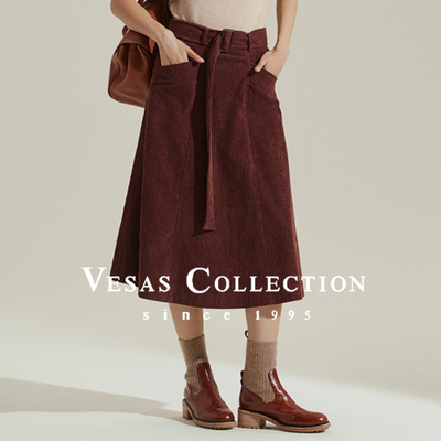 Vesas Collection棕红色精致条绒复古半身裙S0755