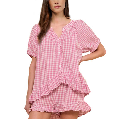 荷叶边上衣短裤套装女   Women's ruffled top and shorts set