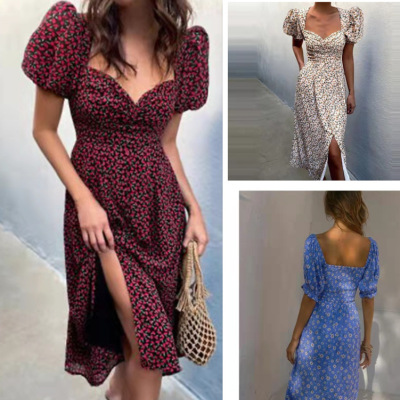 碎花V领抹胸休闲连衣裙