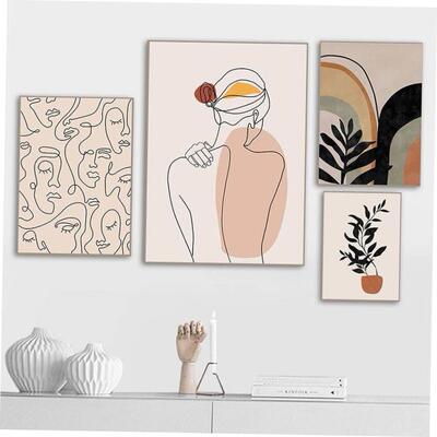 Abstract Line Face Art Leaves Painting Wall Art Home Decor