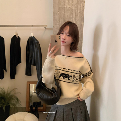 IMISS秋冬韩系圣诞款复古提花百搭斜肩两穿长袖保暖毛衣女H991329