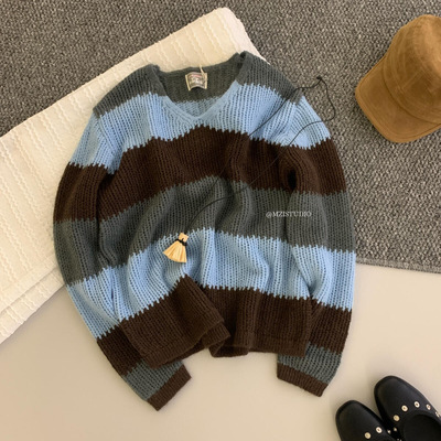 MZI STUDIO 秋冬新款韩系简约风条纹撞色V领长袖套头毛衣女25731