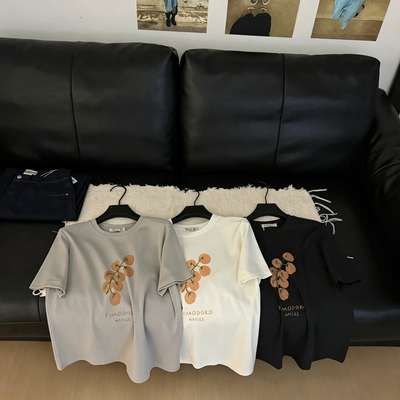 UNCLE BE秋上新拼色手绘串串番茄印花短袖T恤