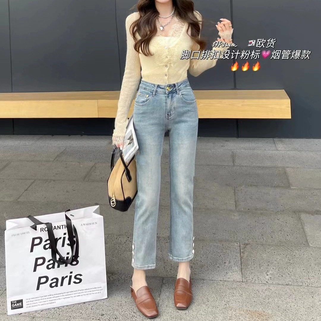 香港花牌BASHA春夏芭莎薄料脚口排扣粉标九分显腿直筒烟管牛仔裤_虎窝淘
