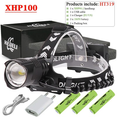 LED Headlamp XHP90.2 XHP100 Headlight 18650 Head Lamp USB Re