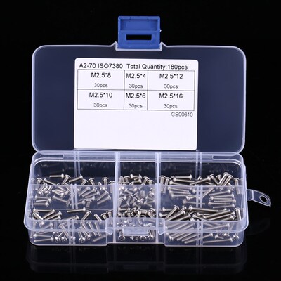 180pcs/set M2.5 Hex Socket Pan Head Screws Stainless Steel S