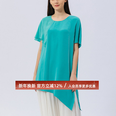 30姆米重磅真丝圆领不对称飞飞短袖做旧工艺开叉下摆桑蚕丝T恤