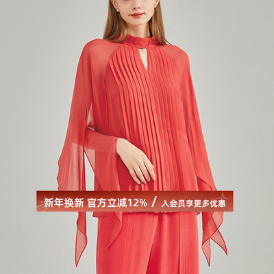 桑蚕丝双层乔其半高领T恤