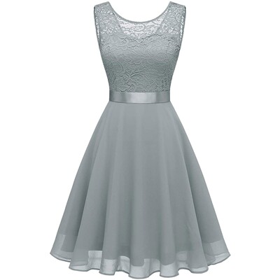 收腰无袖蕾丝镂空赫本裙