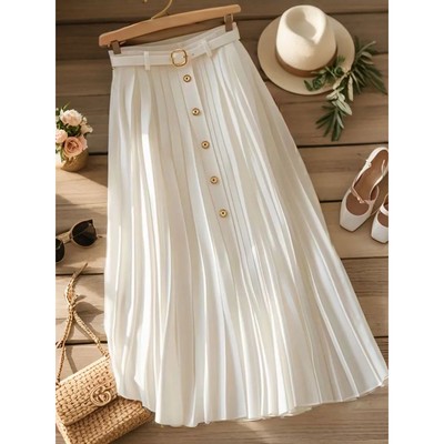 纽扣装饰白色高腰百褶裙